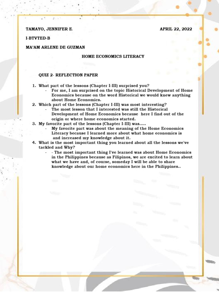 Quiz 2 Reflection Paper Tamayo Jennifer | PDF