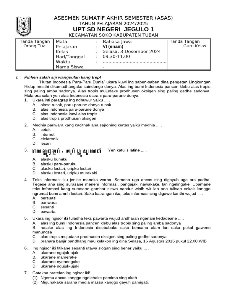 soal ASAS Bhs. Jawa T.A. 2024 2025 kelas 6 | PDF