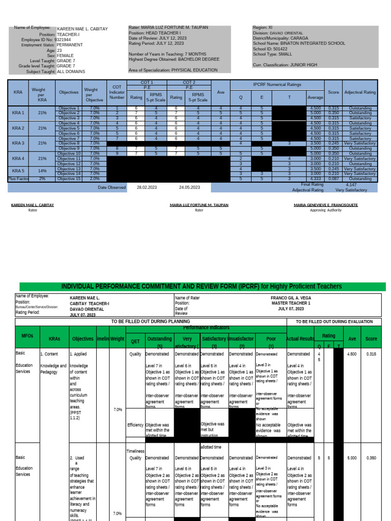 IPCRF 2022 2023 For T1 T3 KAREEN | PDF | Educational Assessment | Learning