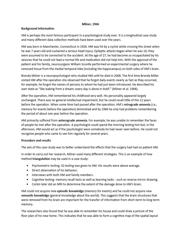 HM's Memory Loss: Milner's 1966 Study | PDF | Memory | Amnesia