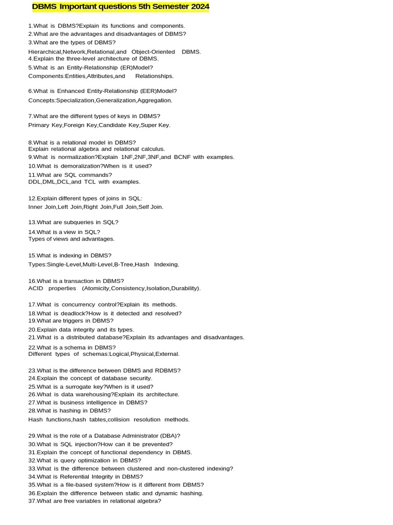 DBMS Important Questions for 5th Semester | PDF | Relational Database ...