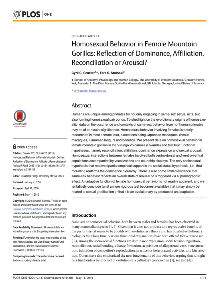 Homosexual Behavior in Female Mountain Gorillas | PDF | Gorilla ...