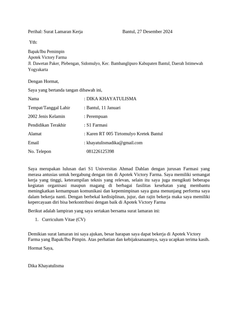 LAMARAN KERJA DIKA KHAYATULISMA apotek aries farma | PDF