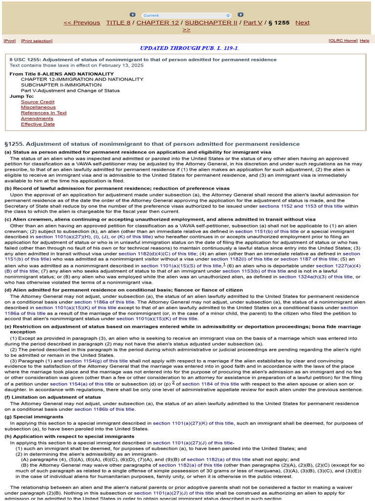 8 USC 1255 Adjustment of Status of Nonimmigrant To That of Person ...