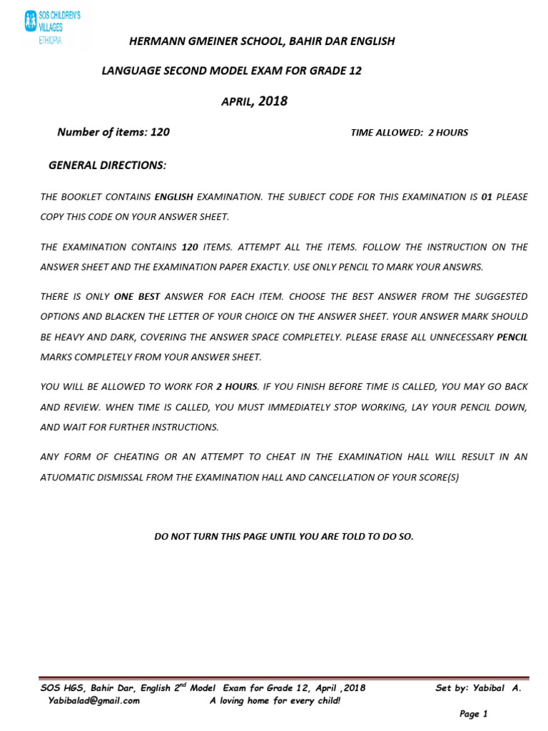 Grade 12 English Model Exam April 2018 | PDF