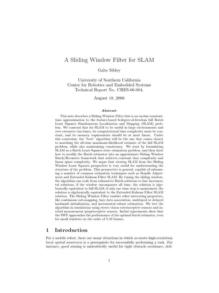 Sliding Window Filter for SLAM | PDF | Kalman Filter | Estimator