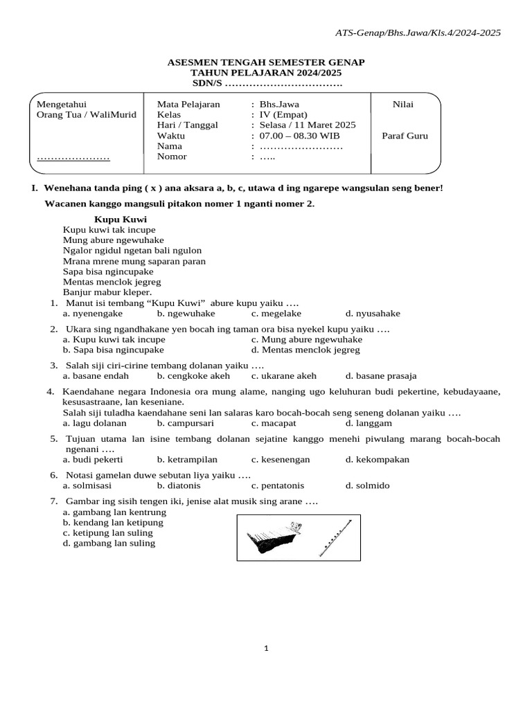 Soal - Ats Genap - BHS Jawa - Tahun 2024-2025 | PDF