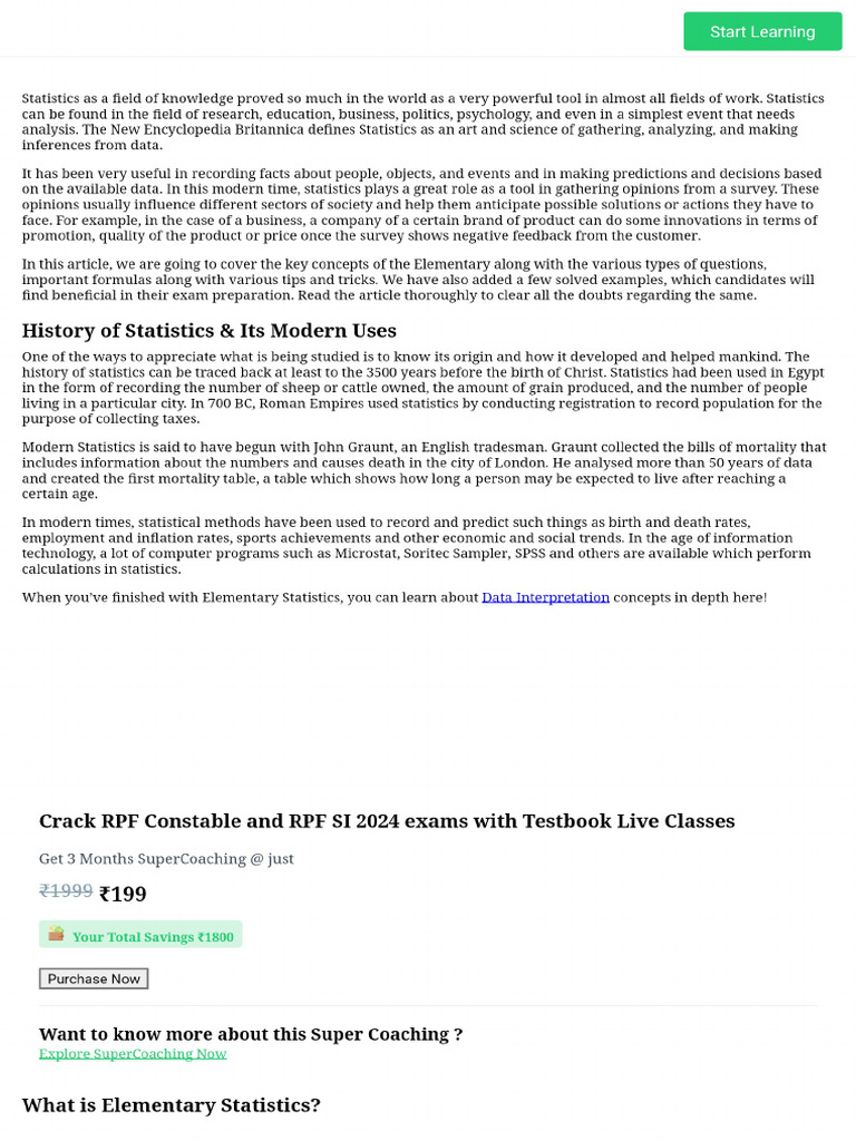 Elementary Statistics - Download Formulas, Sample Questions Here | PDF