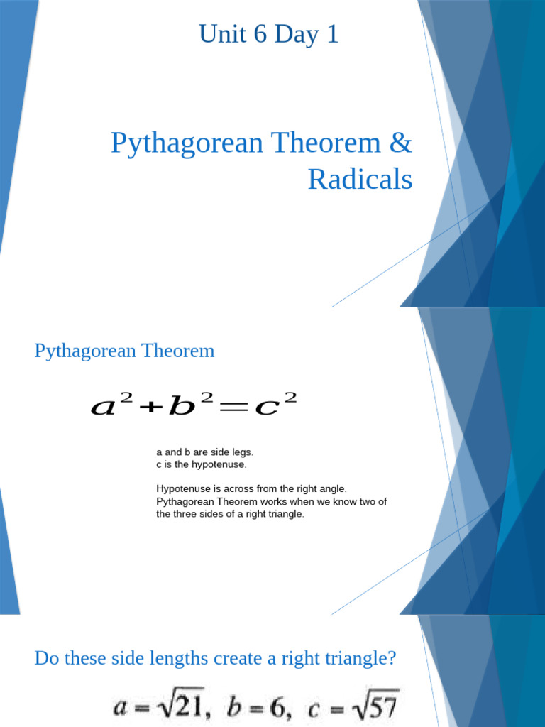 Unit 6 Day 1 PPT - Pythagorean Theorem | PDF
