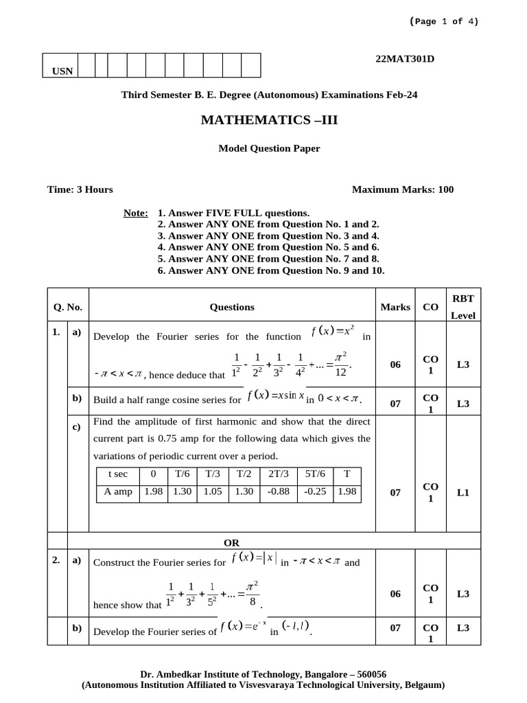 Mathematics III Model Question Paper | PDF | Fourier Transform ...