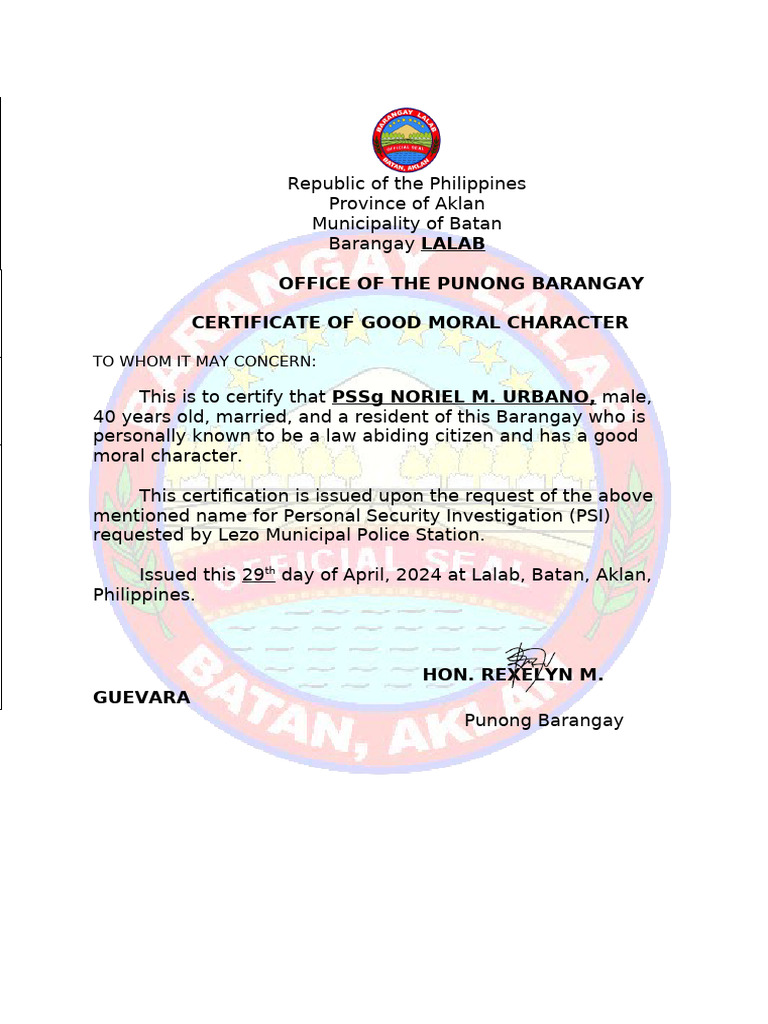 Barangay Good Moral Character Certificates | PDF