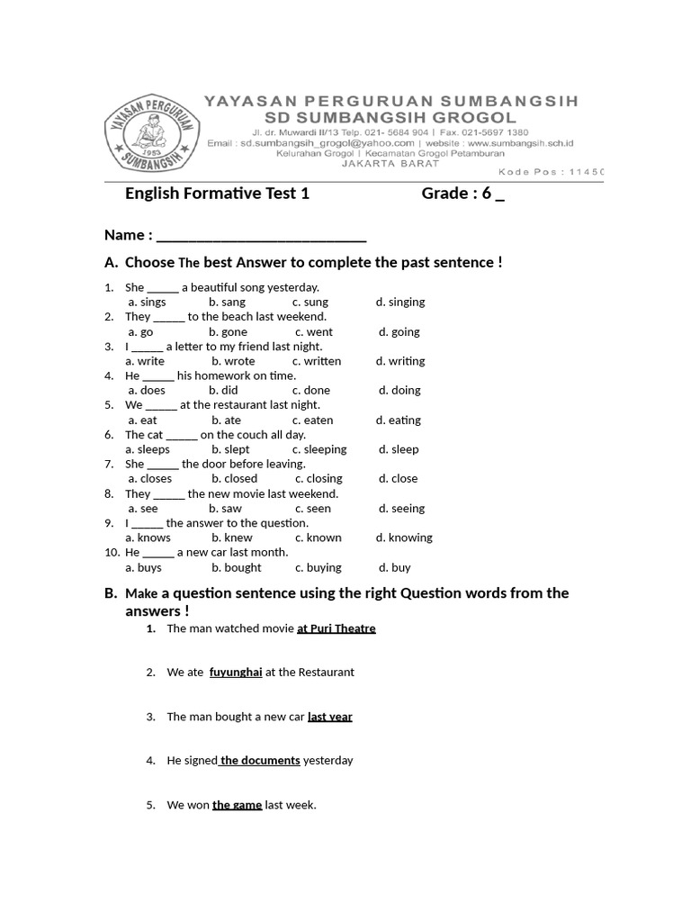 English Formative Test 1 Grade 6 | PDF