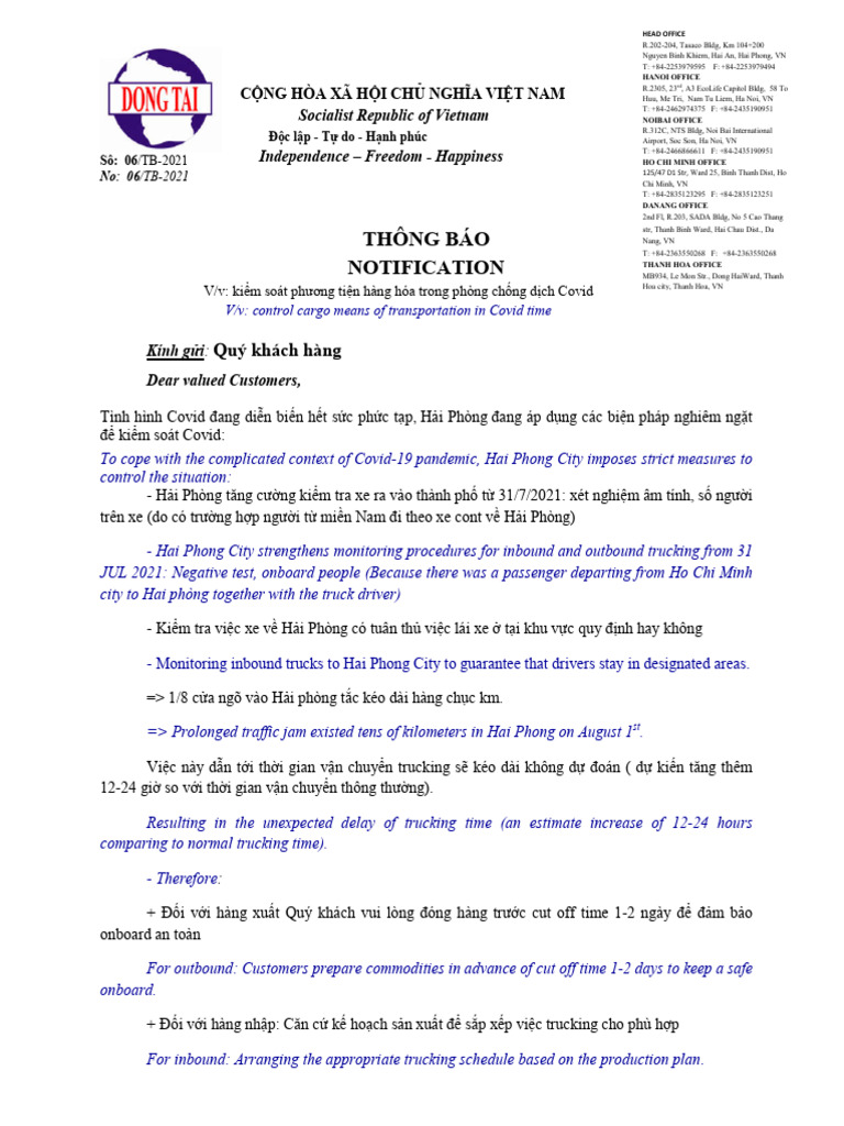 Notification From Dong Tai | PDF