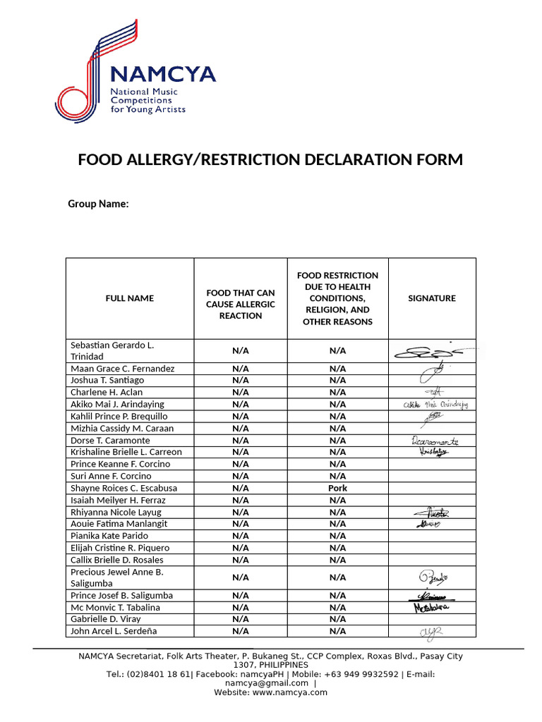 Food Allergy Declaration Form | PDF