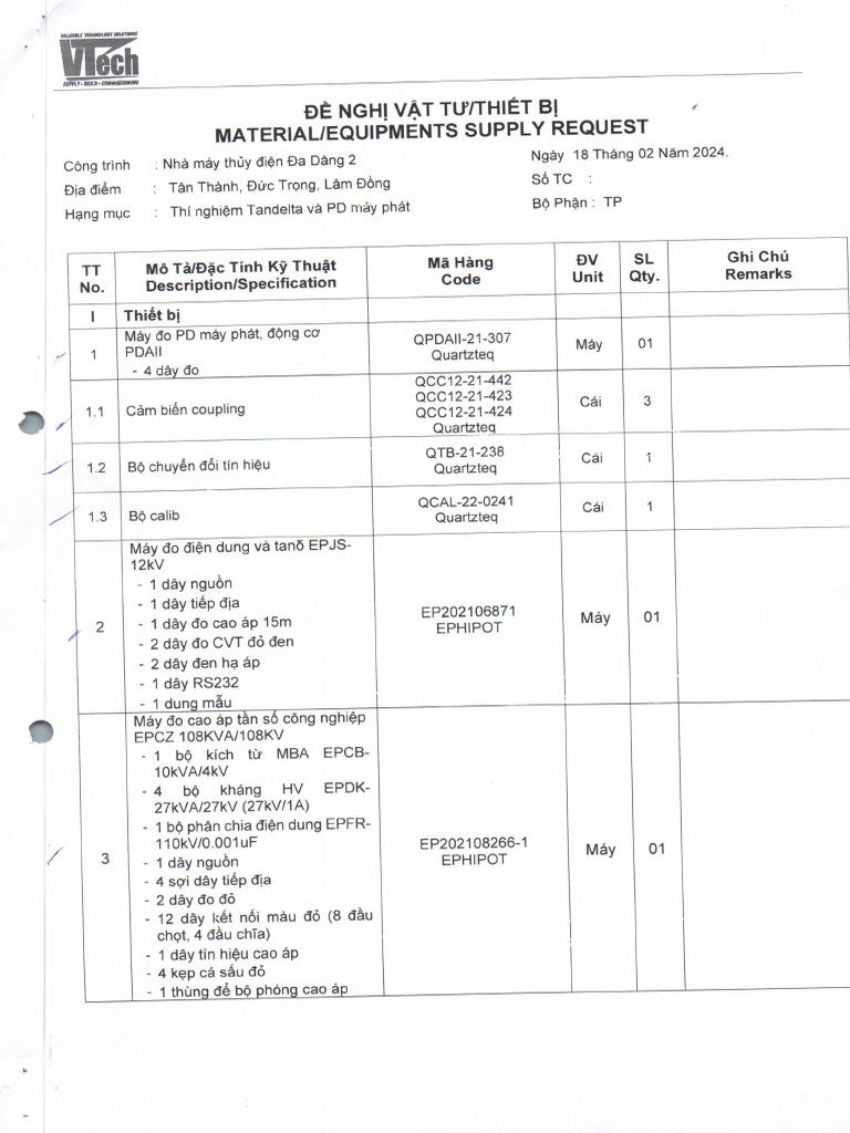 Phieu de Nghi VTTB Du An NMTD Da Dang 2 | PDF