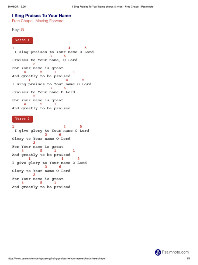 I Sing Praises To Your Name Chords & Lyrics - Free Chapel - Psalmnote | PDF