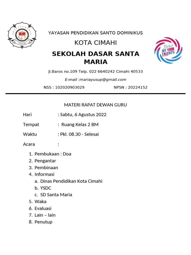 Rapat Dewan Guru SD Santa Maria | PDF