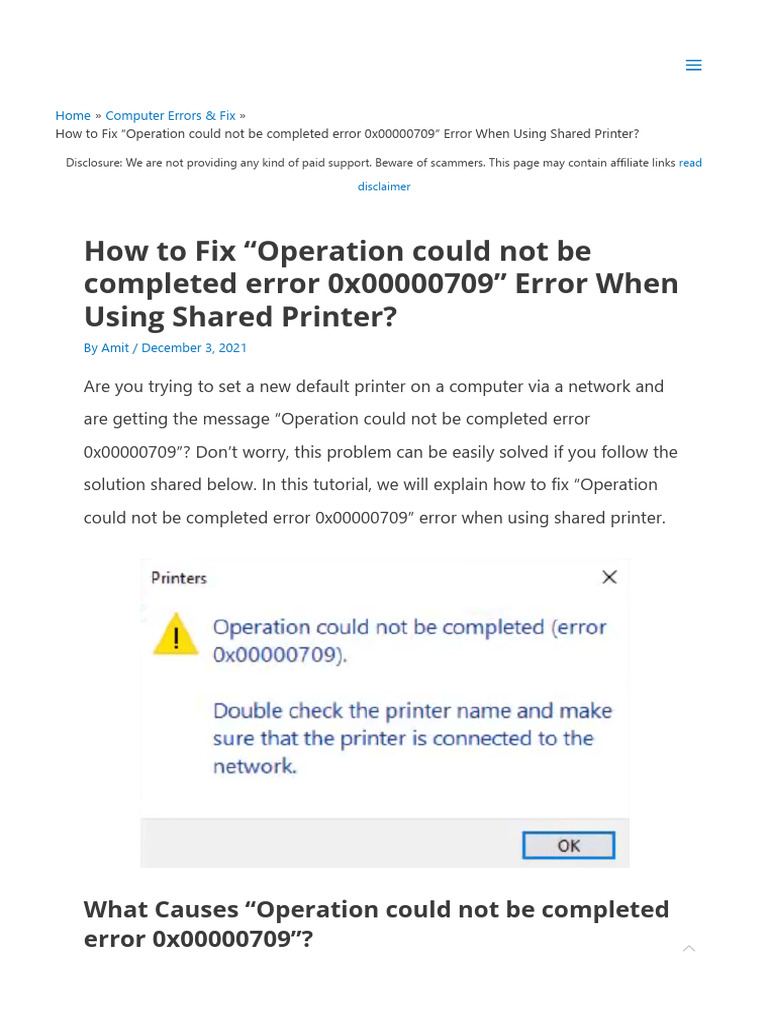 (Solved) How To Fix - Operation Could Not Be Completed Error 0x00000709 - Error When Using ...