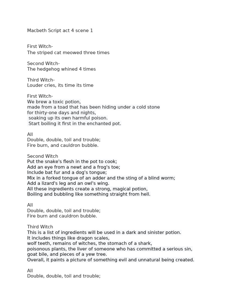 Macbeth Script Act 4 Scene 1 | PDF