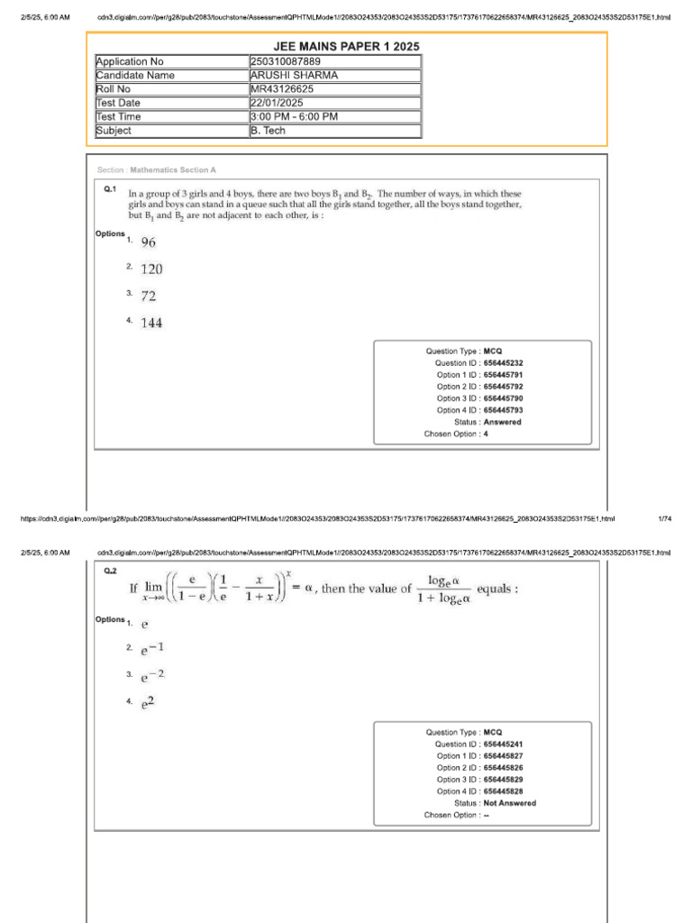 Question Paper JEE Mains 2025 22nd Jan | PDF