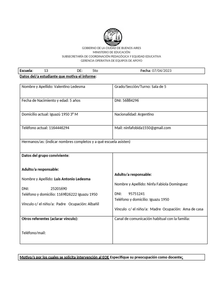 Modelo de Informe Escolar EOE 2023 Valentino Ledesma | PDF | Aprendizaje