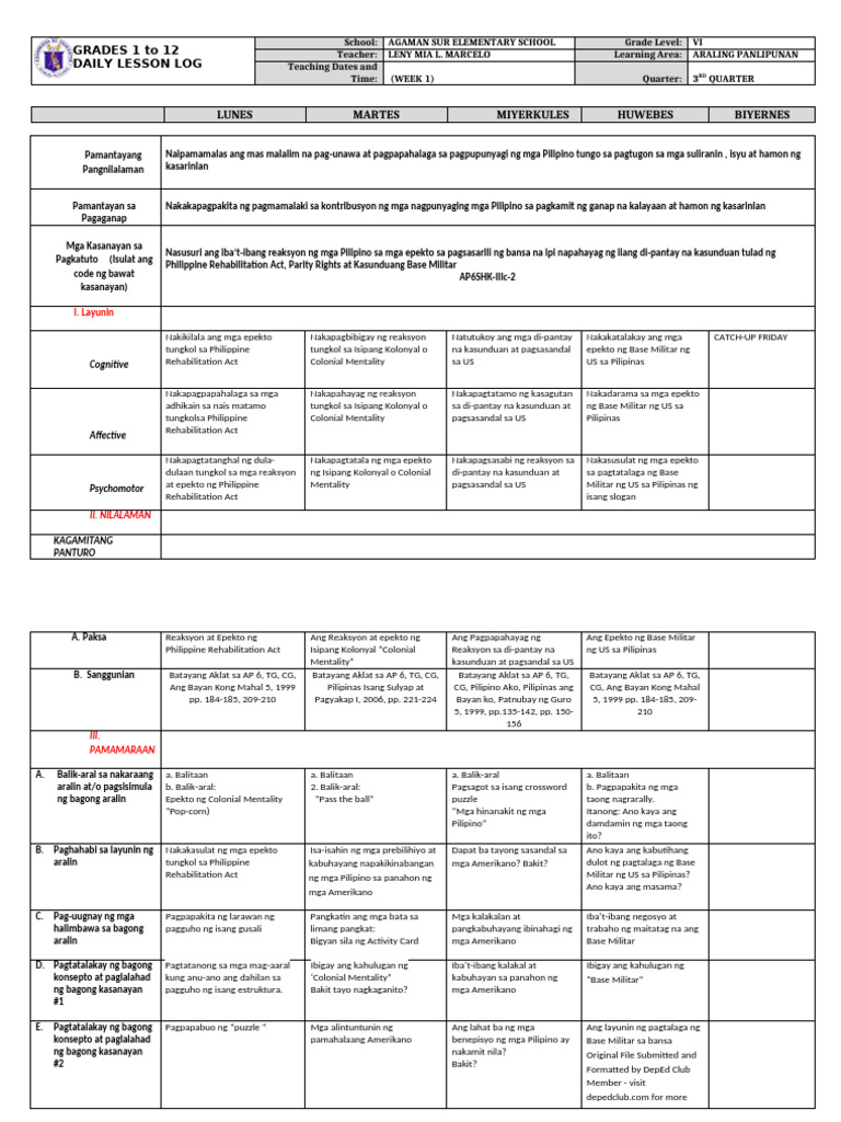 DLL - Araling Panlipunan 6 - Q3 - W3 | PDF