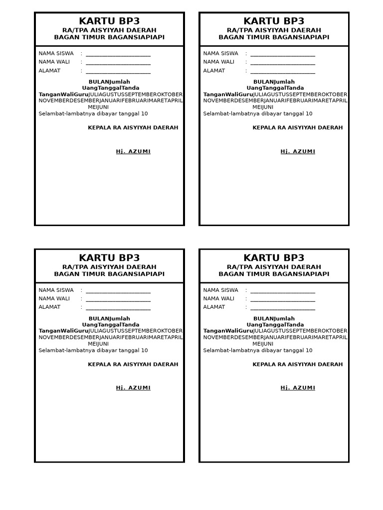 Kartu BP3 Tpa Aisyiyah | PDF