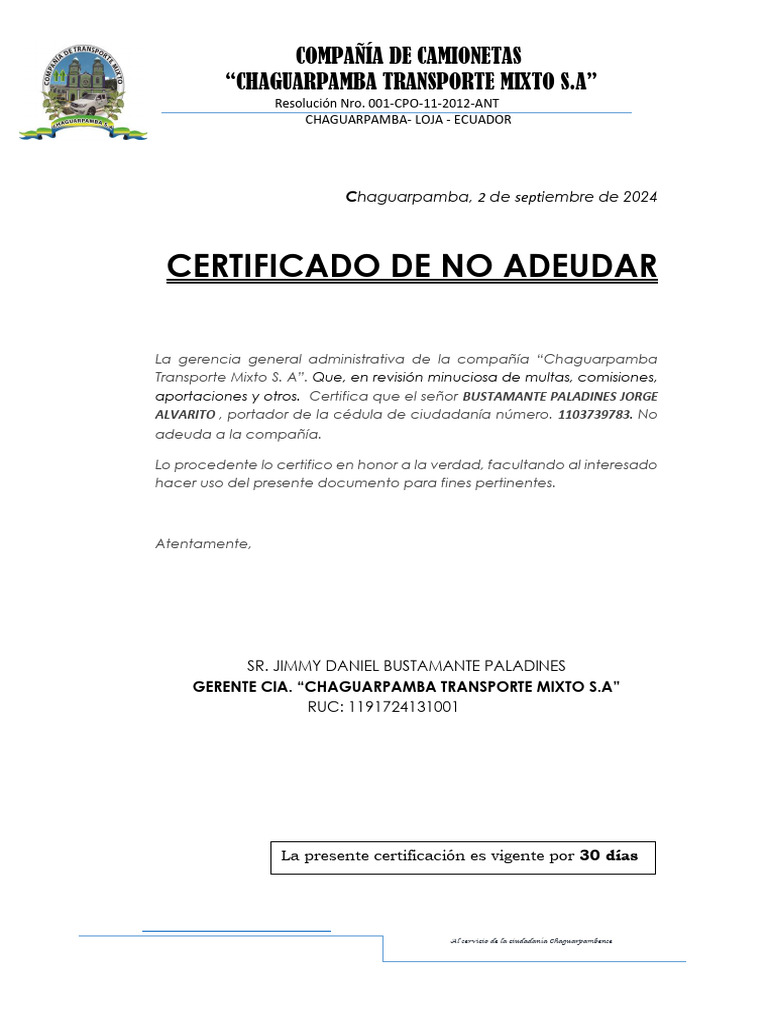 Certificado de No Adeudar | PDF