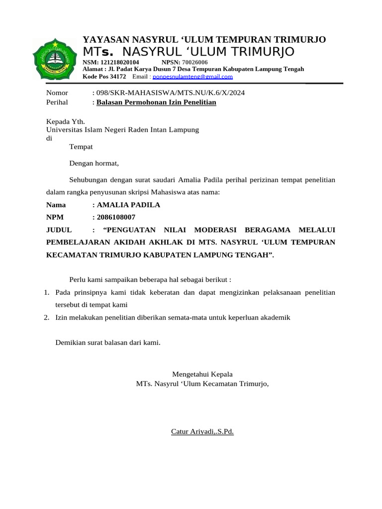 Surat Balasan Penelitian Dari Sekolah | PDF