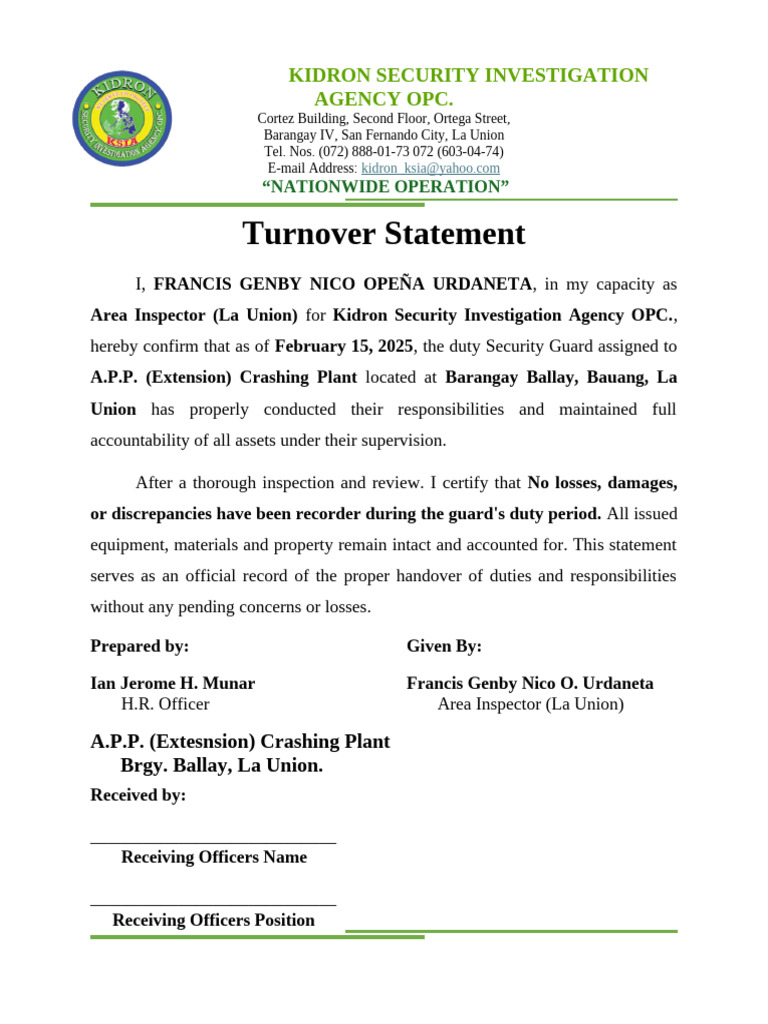 Turnover Statement | PDF