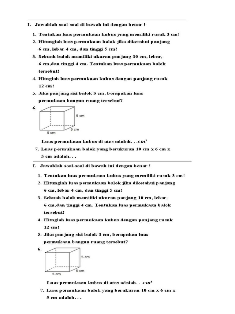 latihan soal luas permukaan kubus dan balok | PDF