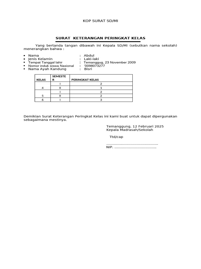CONTOH SURAT PERINGKAT MTSN 1 Temanggung | PDF
