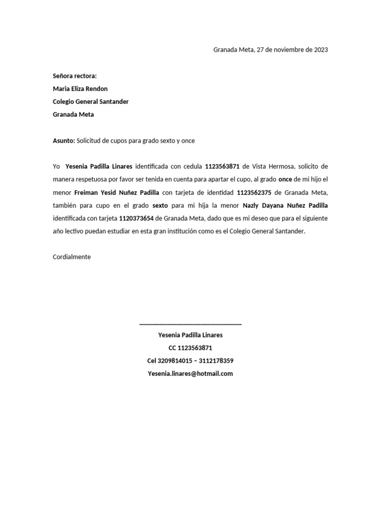 Solicitud de cupo escolar para grados 6 y 11 | PDF