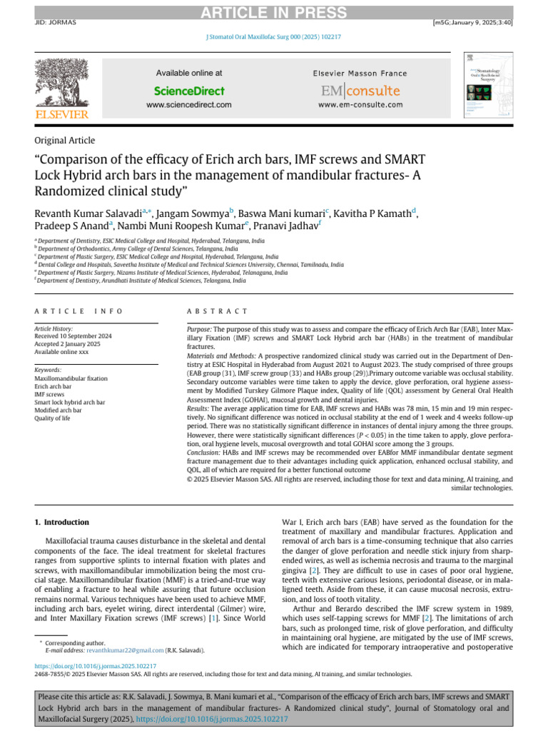 Comparison of The Efficacy of Erich Arch Bars, IMF Screws and SMART Lock Hybrid Arch Bars in The ...