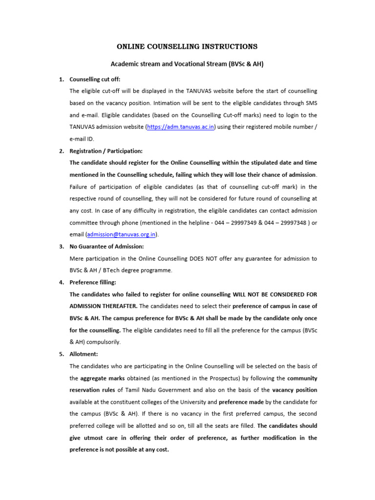 First Round Online Counselling BVSC and AH Instructions | PDF