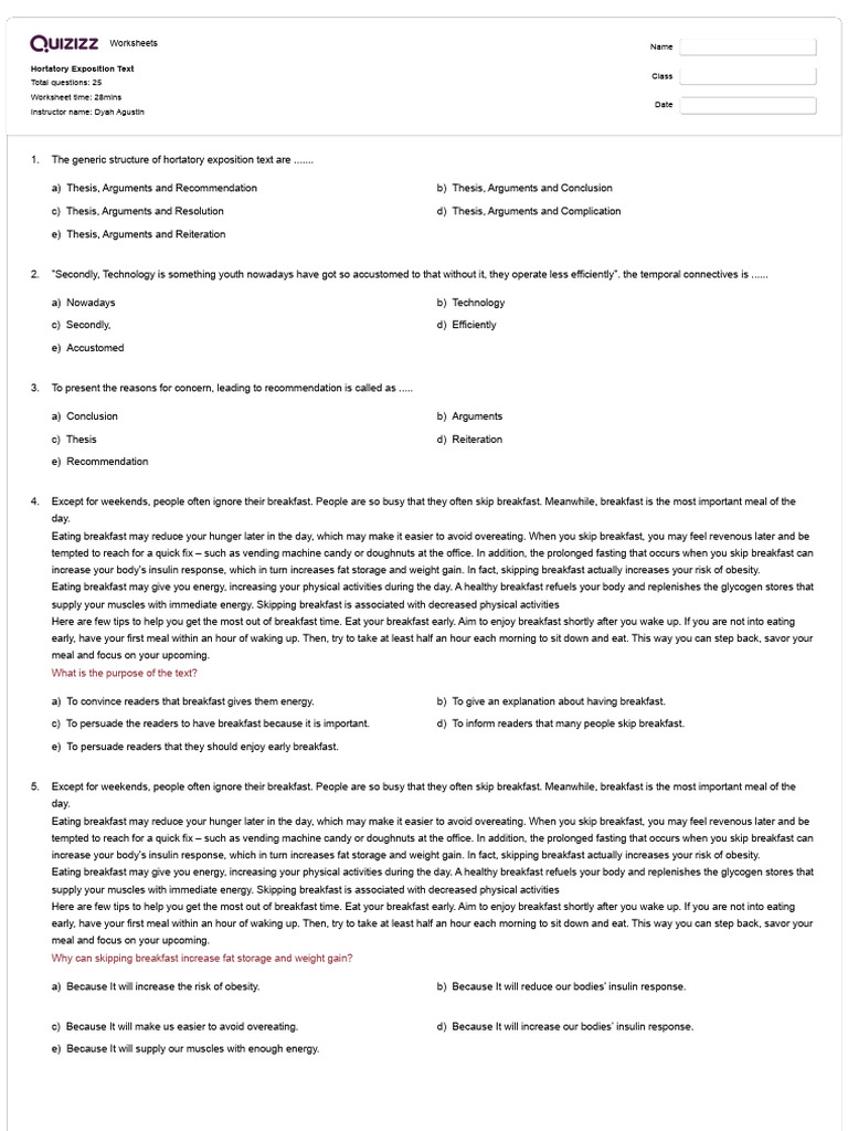 Hortatory Exposition Worksheet for Class 12 | PDF | Verb | Grammatical ...