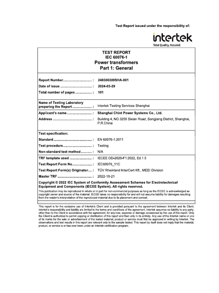 Chint Transformer Test Report | PDF