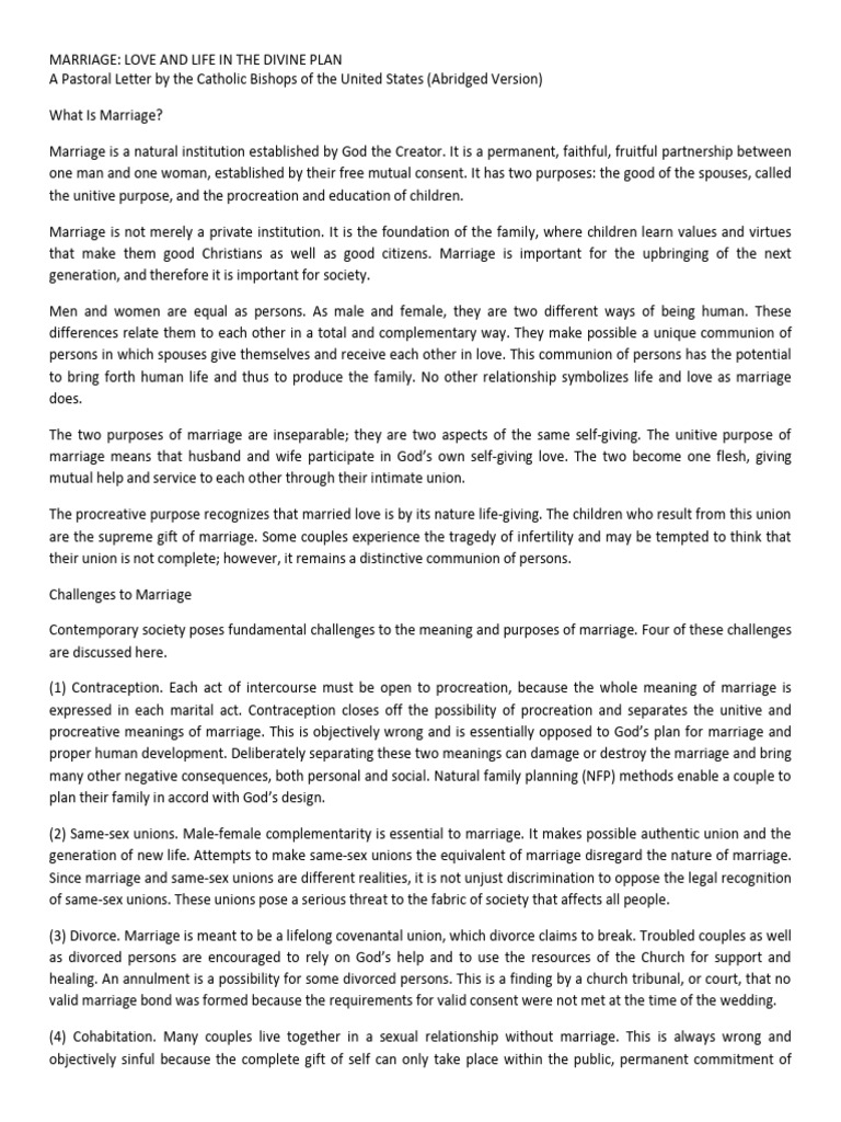 Love and Life Abridged Version | PDF | Catholic Church | Marriage