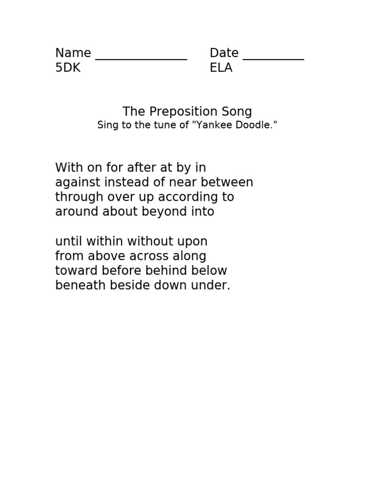 The Preposition Song(1) | PDF
