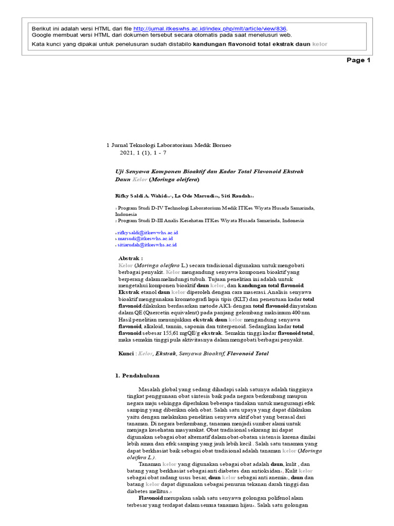 1 Jurnal Teknologi Laboratorium Medik Borneo 2021, 1 (1), 1 - 7 Uji Senyawa Komponen Bioaktif ...