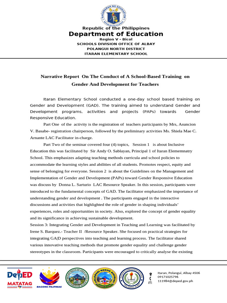 Narrative Report For GAD 2024 | PDF | Gender And Development | Teachers