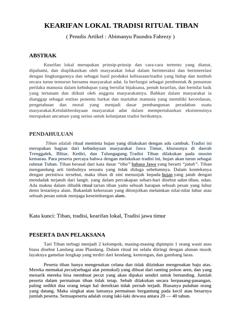 Kearifan Lokal Tradisi Ritual Tiban Selesai | PDF