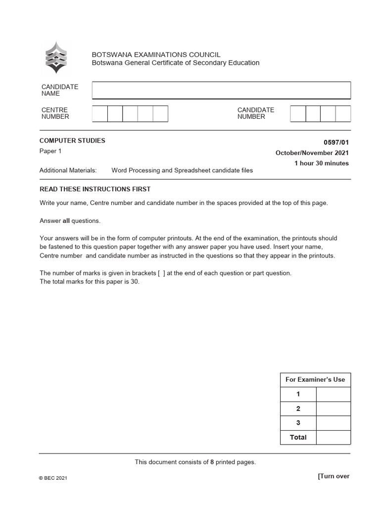 2021 BGCSE Computer Studies Paper 1 220910112131 | PDF | Spreadsheet