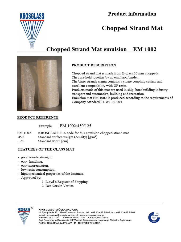 TDS - CSM-emulsion Krosglass 450 GSM | PDF | Fiberglass | Paperboard
