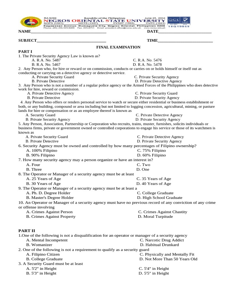 LEA Final Examination | PDF | Security Guard | Private Investigator