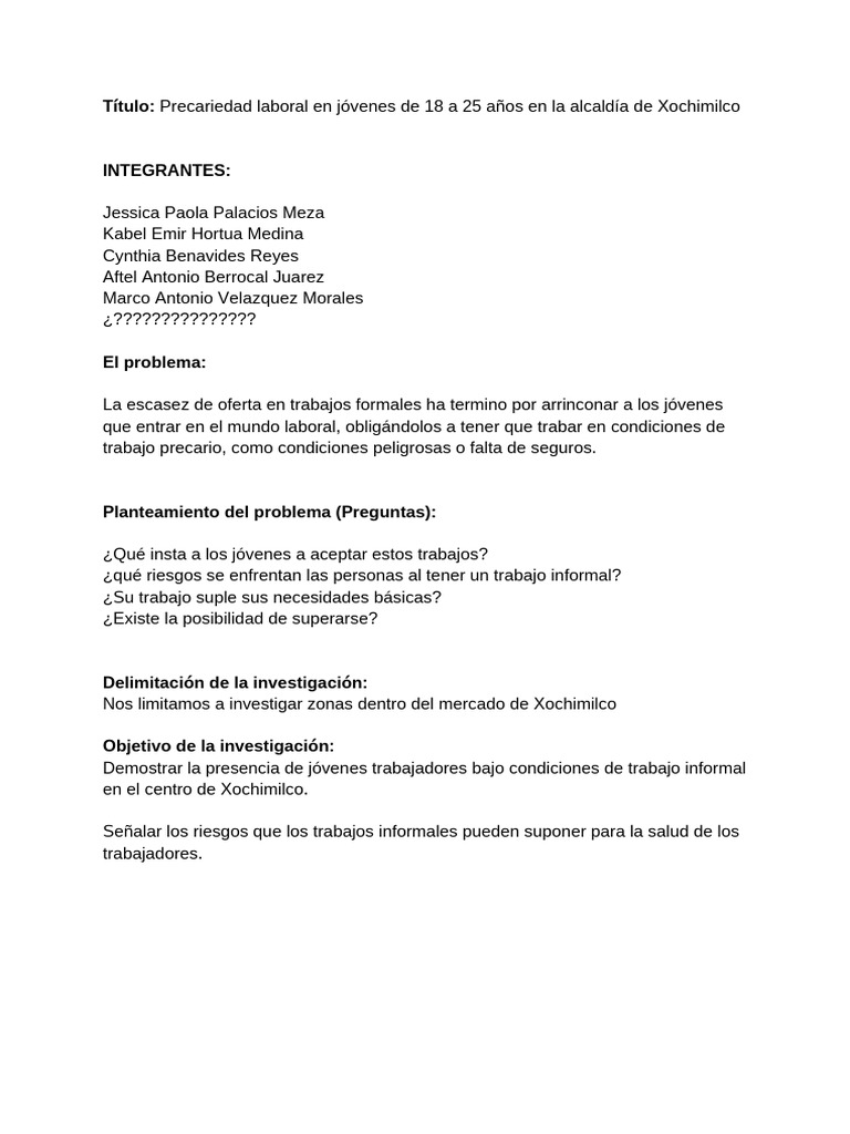Proyecto de Investigación Sobre Trabajo Informal | PDF