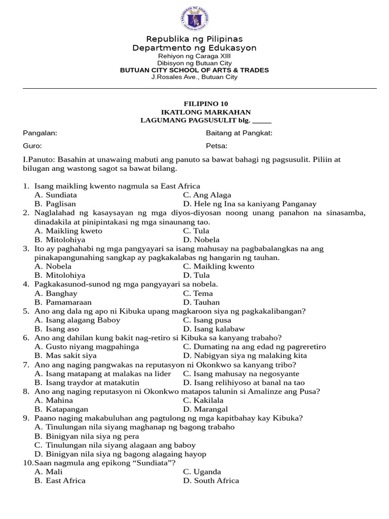 Summative Test Grade 10 | PDF