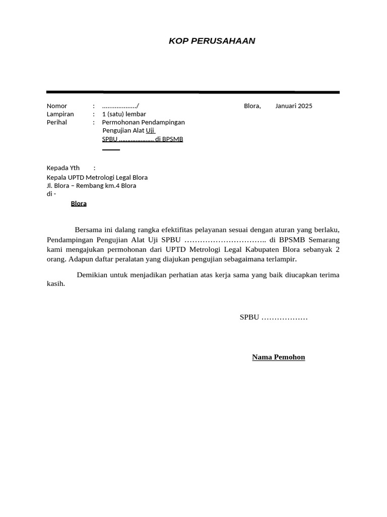 Surat Permohonan UPTD Metrologi | PDF