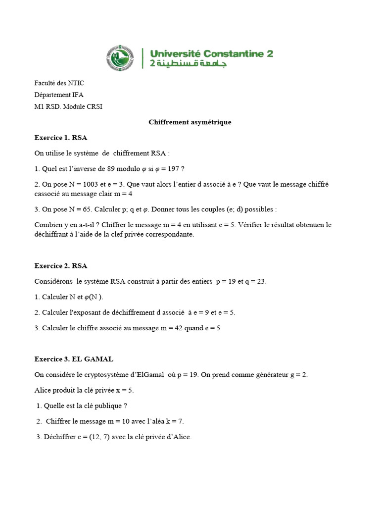 Exercices sur le chiffrement RSA et ElGamal | PDF