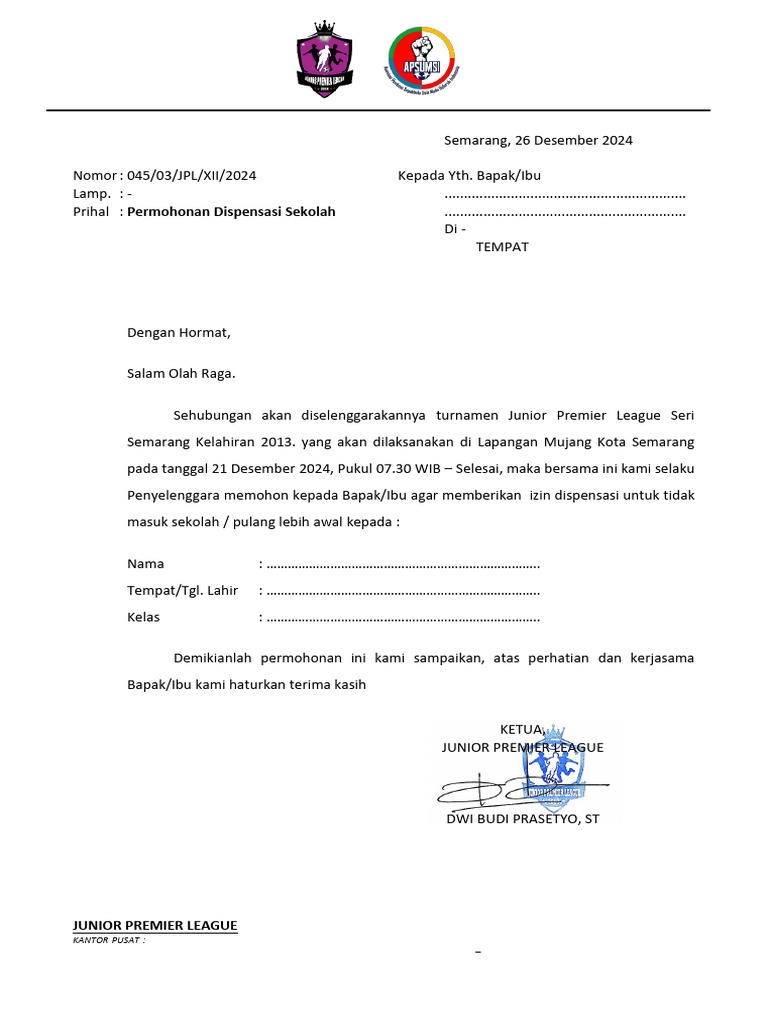 SURAT Dispensasi JPL 2024 | PDF